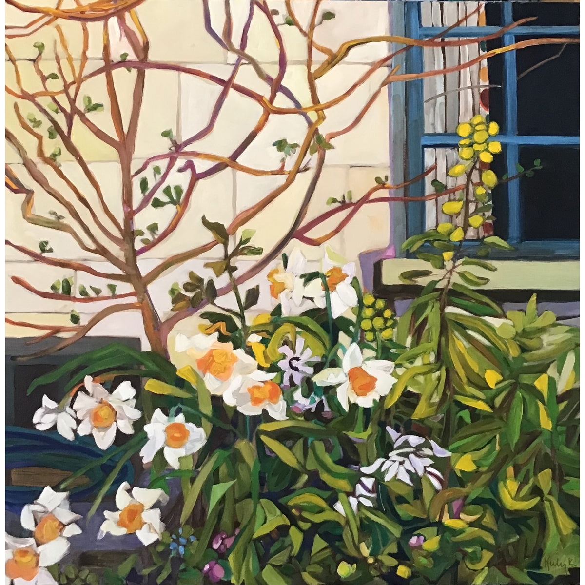 Karen Kulyk, "Espaliered Tree with Daffodils by Vanessa Bell's Window" - 2019 – Wallack Galleries